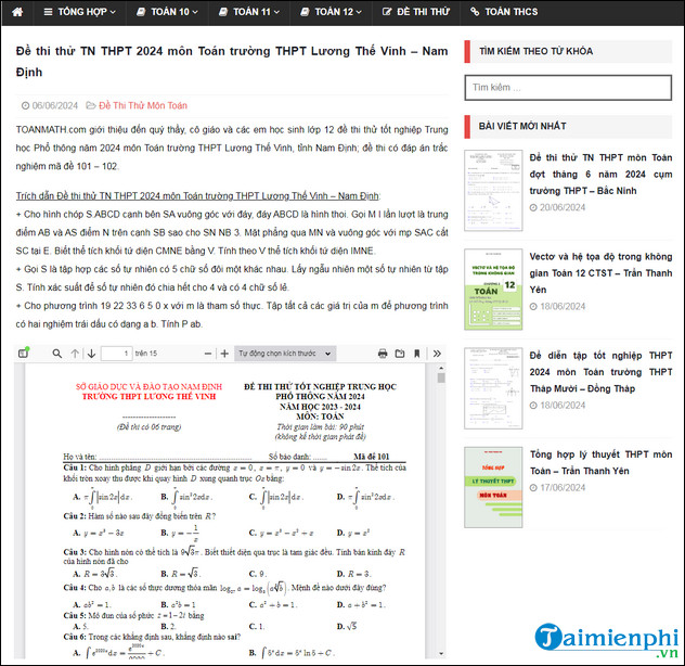 Toán Math, website toanmath, Tải đề thi môn Toán THPT, THCS miễn phí