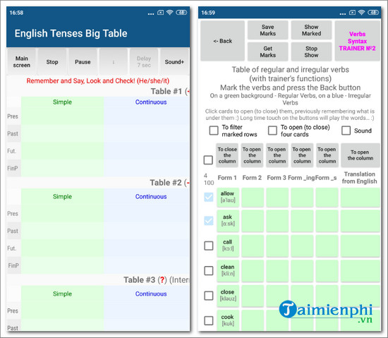 Download English Tenses Big Table Cho Android - Học các thì, ngữ pháp