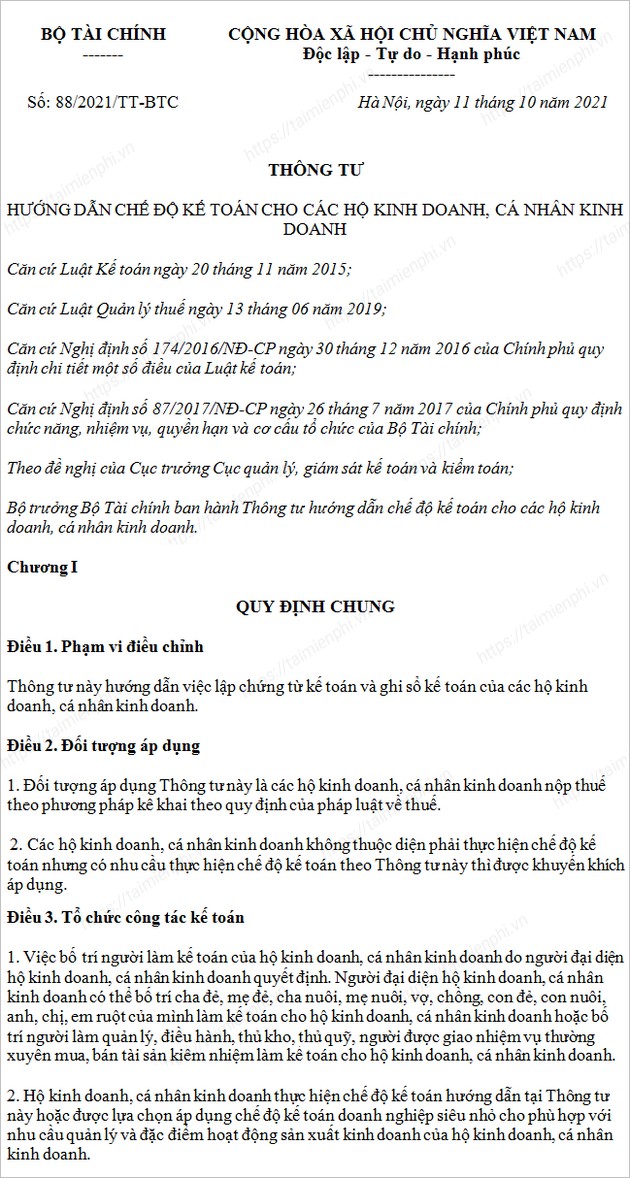 Thông tư 88/2021/TT-BTC - Hướng dẫn chế độ kế toán cho các hộ và cá nh